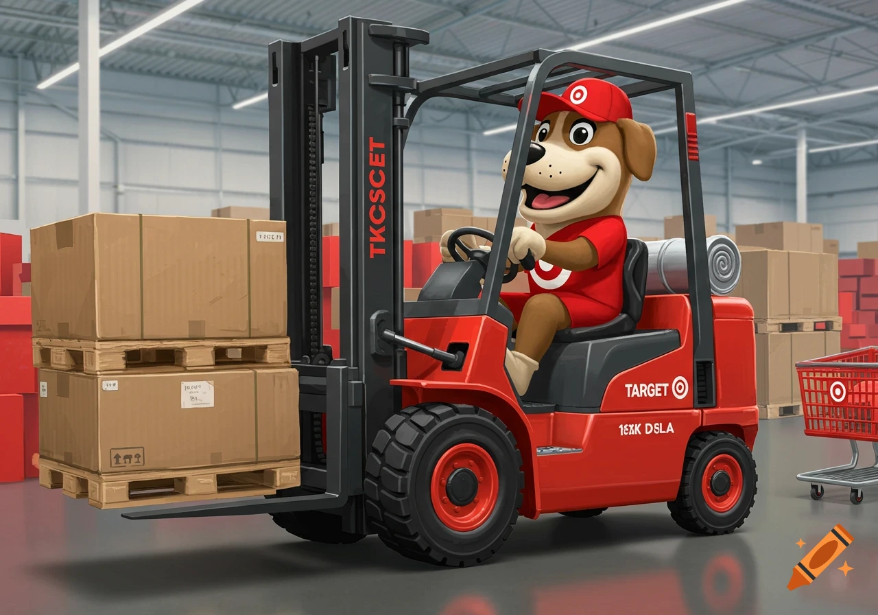 Cartoon dog mascot driving a red forklift with boxes in a warehouse on ...