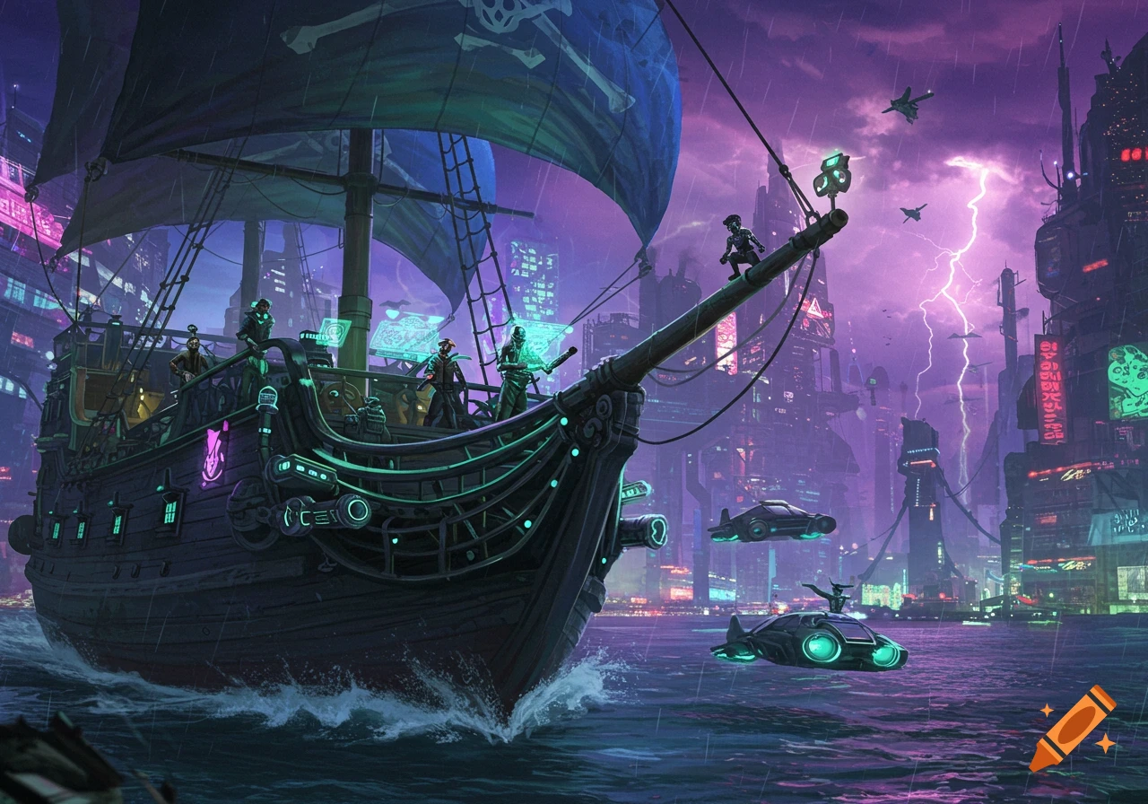Cyberpunk pirate ship sails through a storm past futuristic city ...