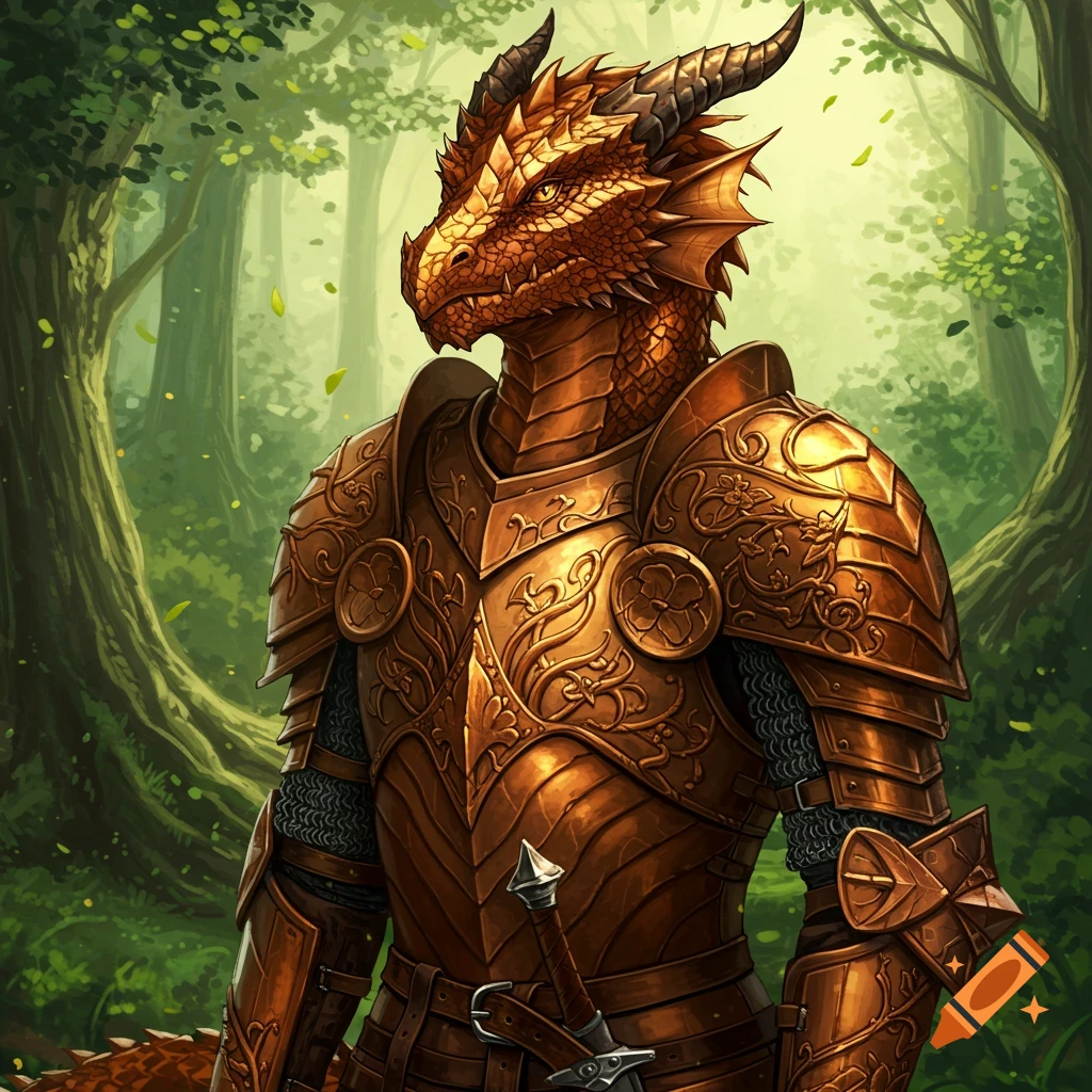 A golden dragon humanoid in ornate plate armor stands in a forest on ...