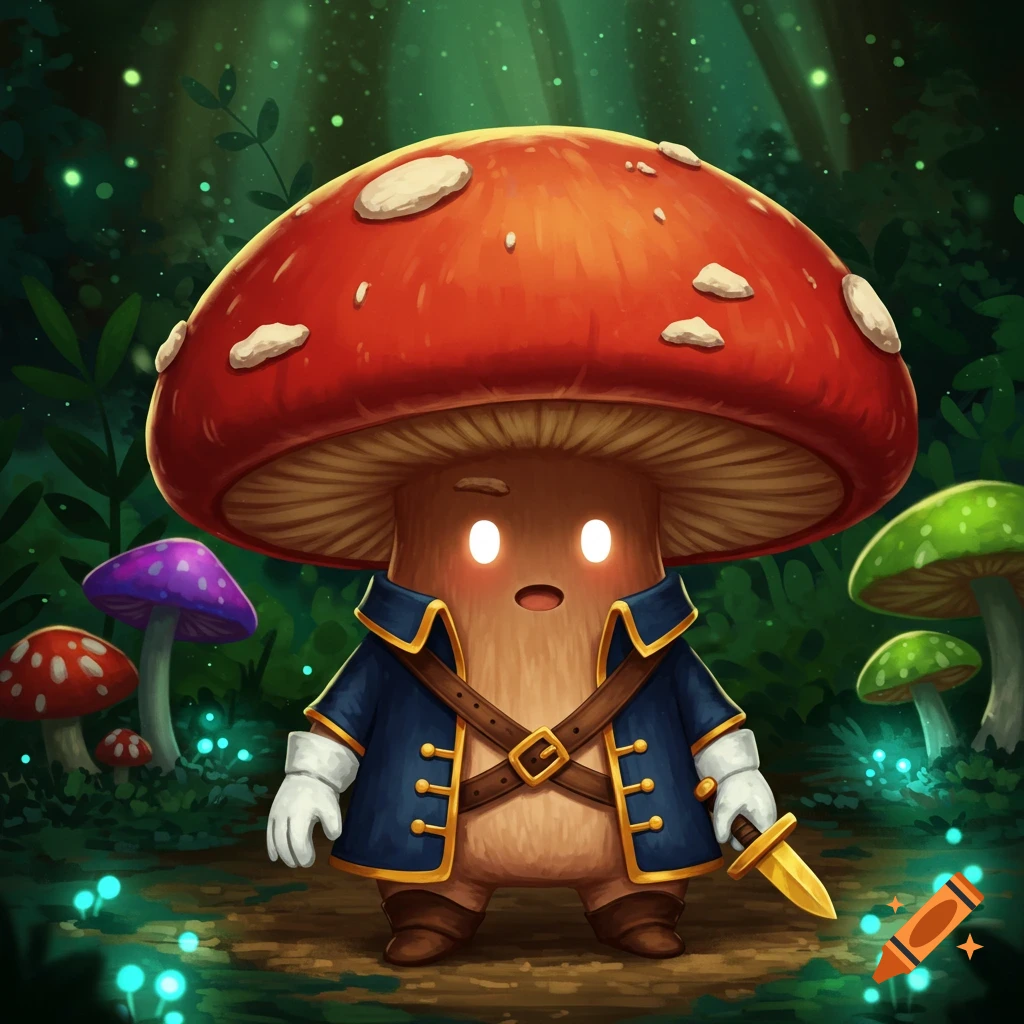 A cute cartoon mushroom character dressed as a captain stands in a ...