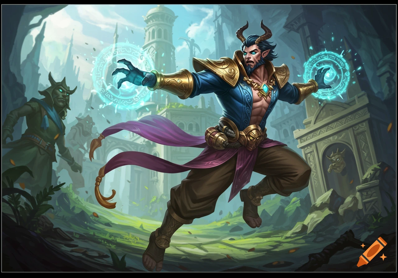 A horned man in ornate fantasy clothes casts a spell in front of ruins ...