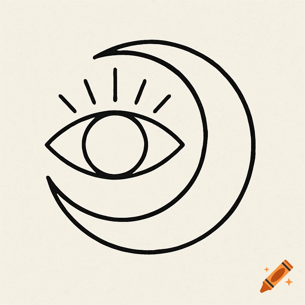 Black line drawing of an eye and crescent moon symbol. on Craiyon