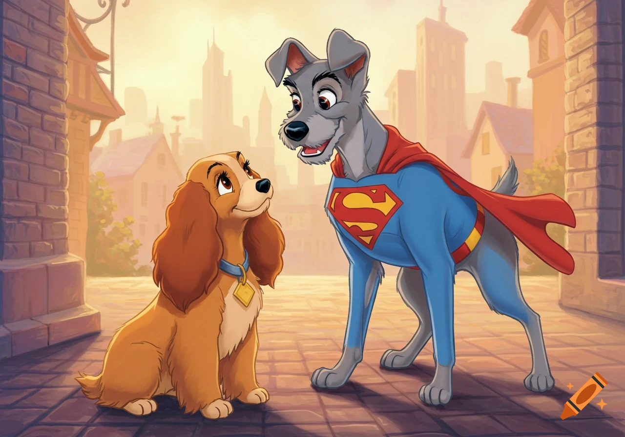 Cartoon dogs resembling Lady and Tramp; Tramp wears a Superman costume ...