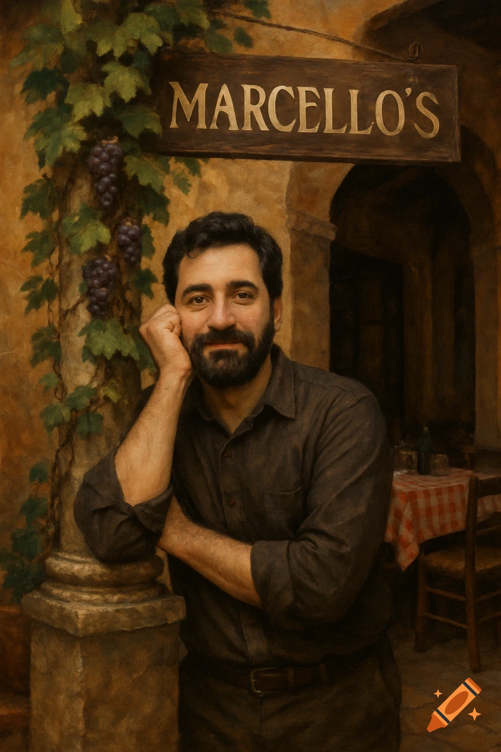 A man leans on a pillar with grapes and a sign for 'Marcello's' outside ...
