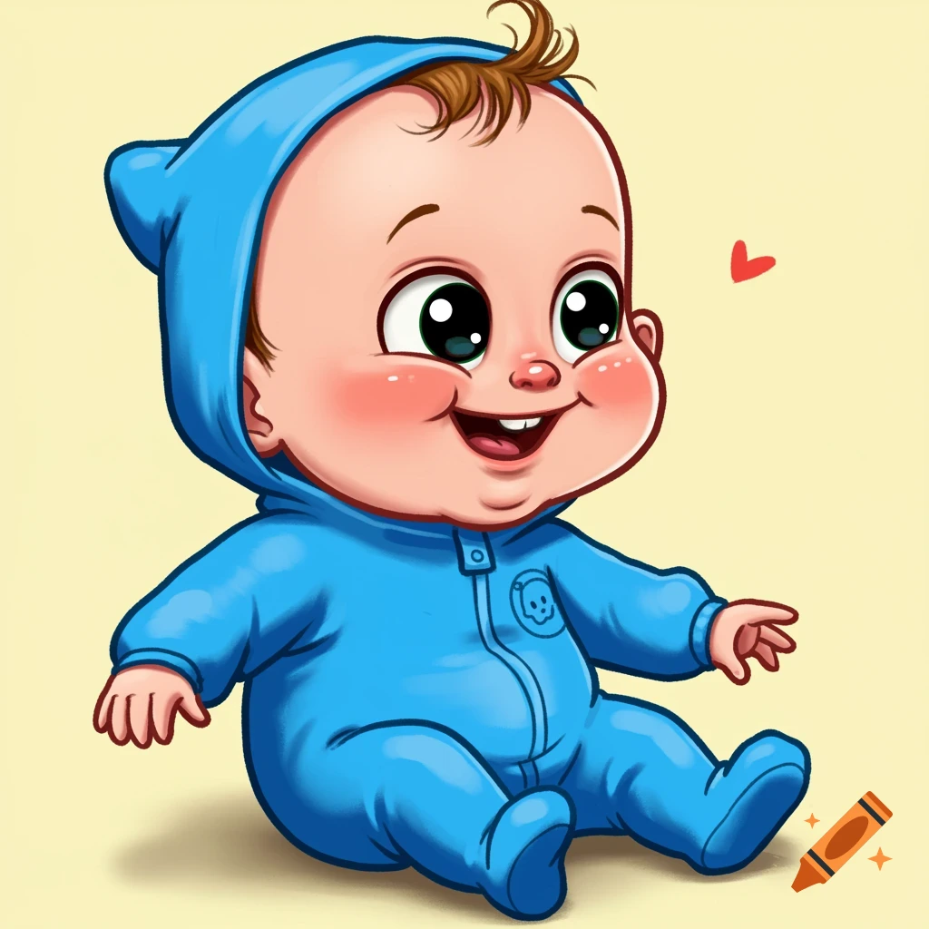 Cute cartoon baby in a blue onesie on Craiyon