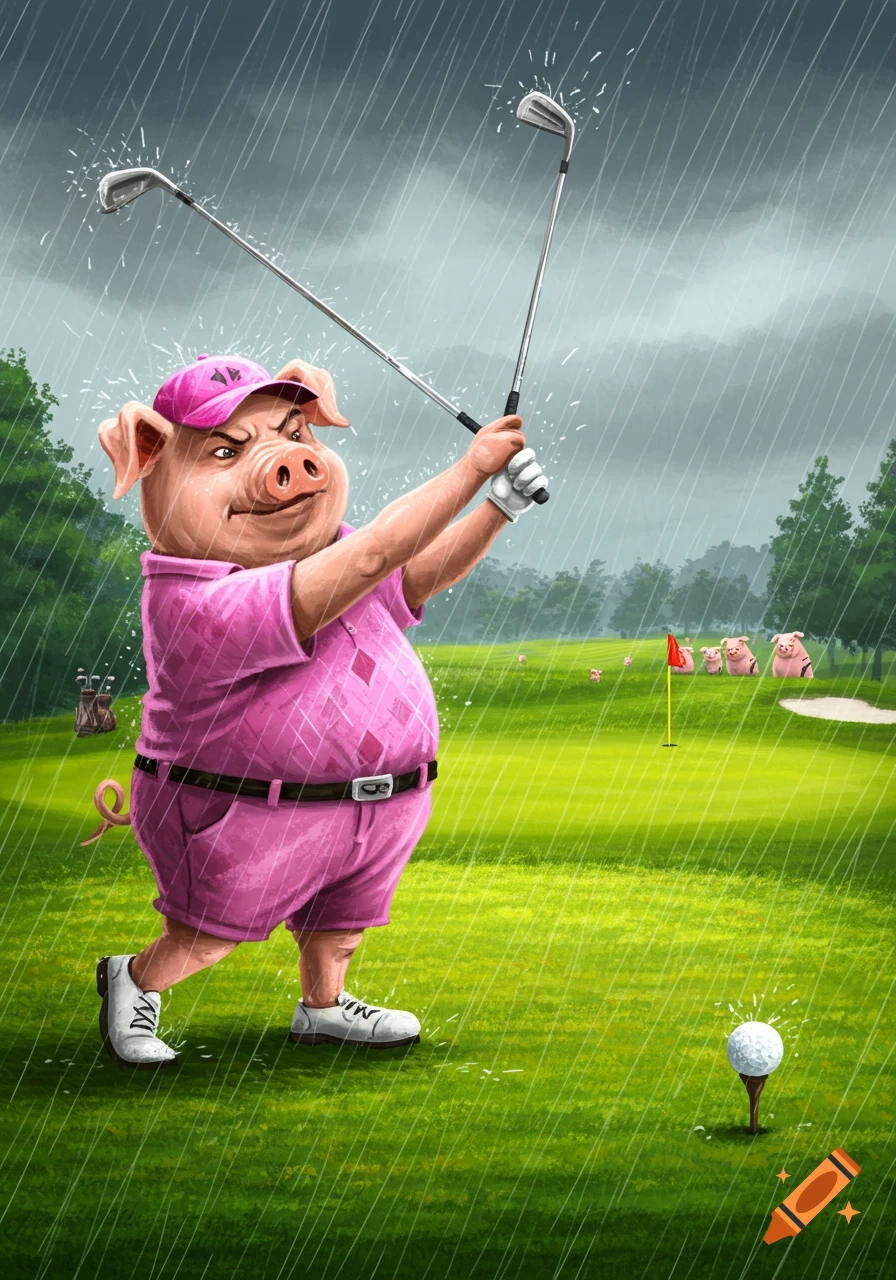 A cartoon pig in a pink outfit plays golf in the rain. on Craiyon