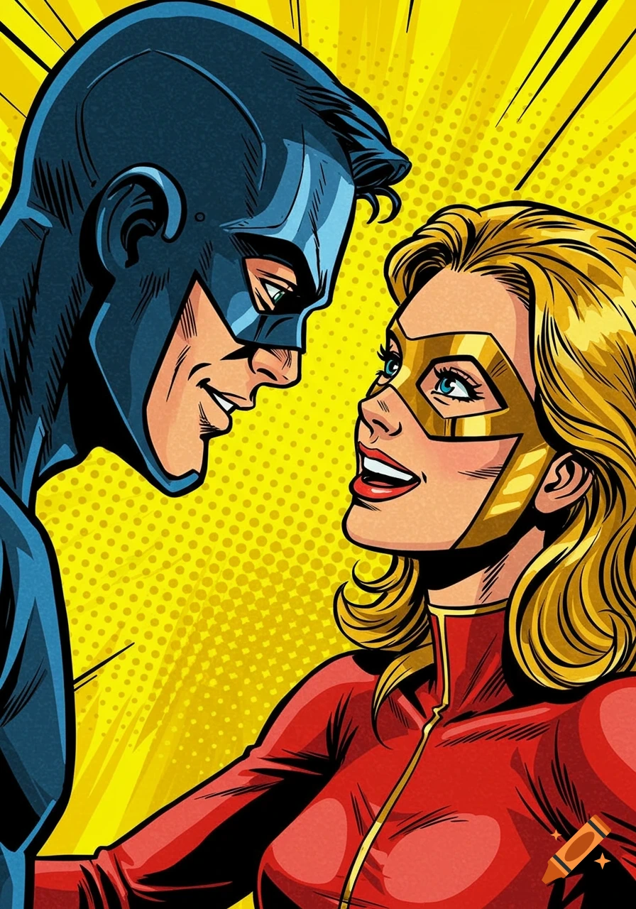 Pop art comic illustration of two masked superheroes looking at each other. on Craiyon