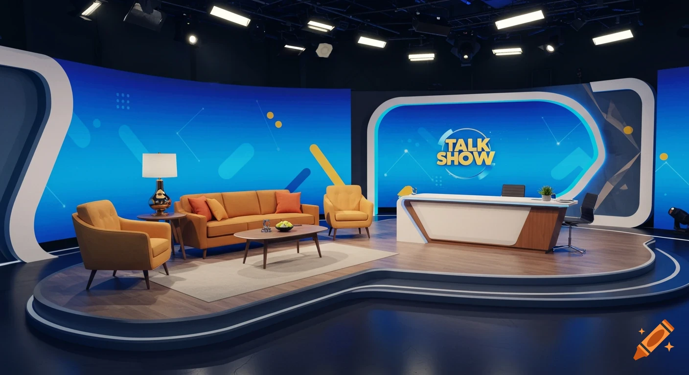A brightly lit talk show studio set with a sofa, chairs, coffee table ...