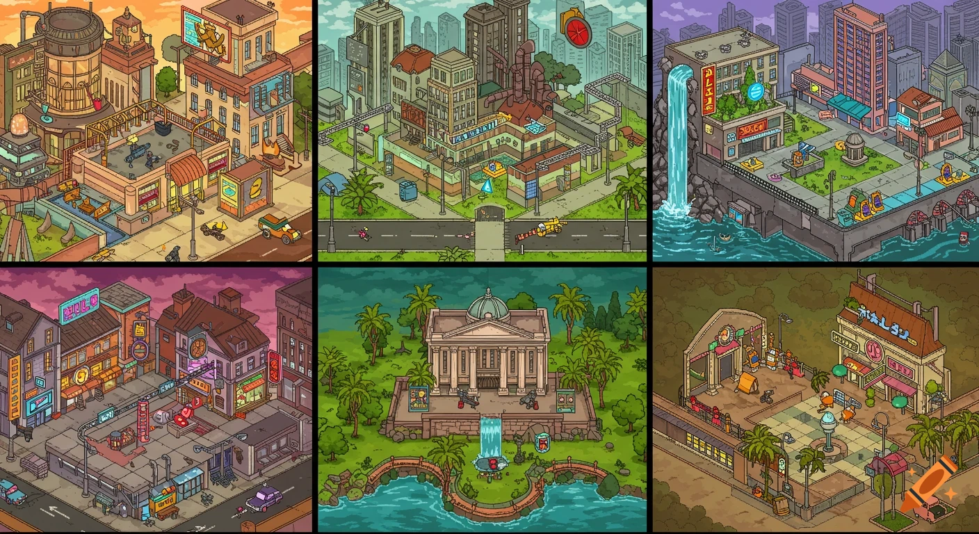 Six panel grid of isometric pixel art cityscapes for a game. on Craiyon