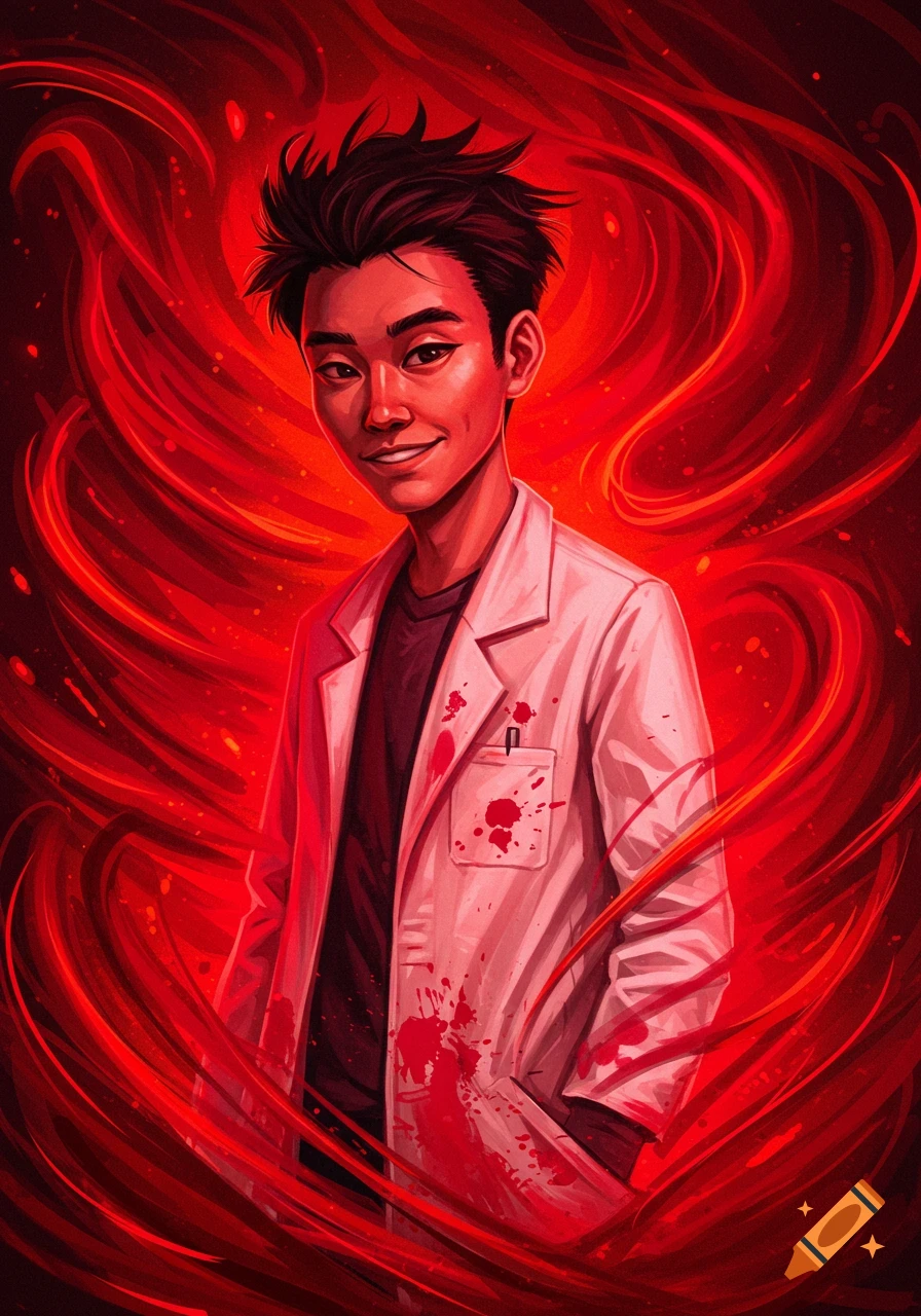 Illustration of a smirking young scientist with blood splatters on his ...