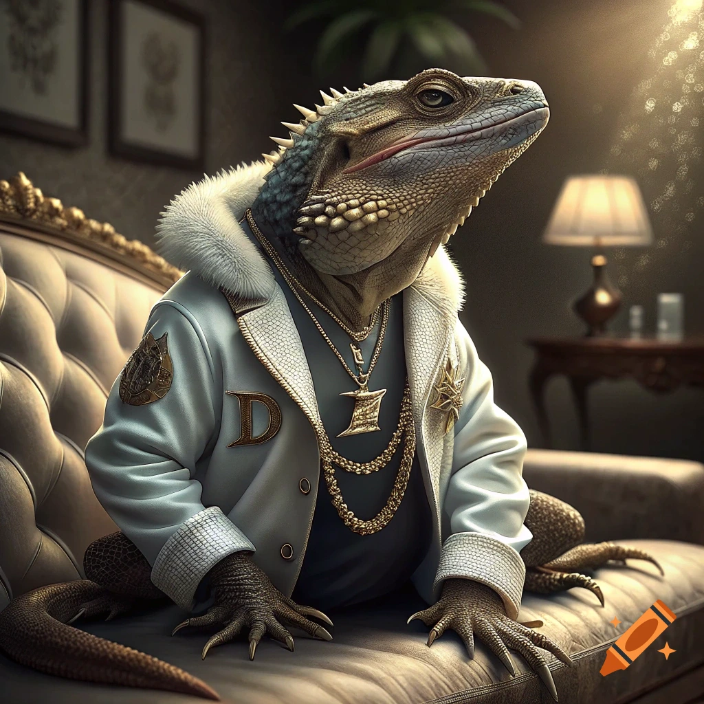 Photorealistic lizard in a white fur coat and gold chains sitting on a ...