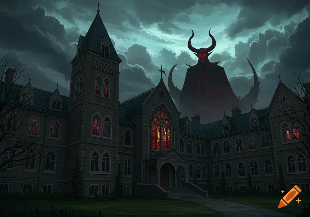 A gothic school building at night with a large silhouetted demon with ...
