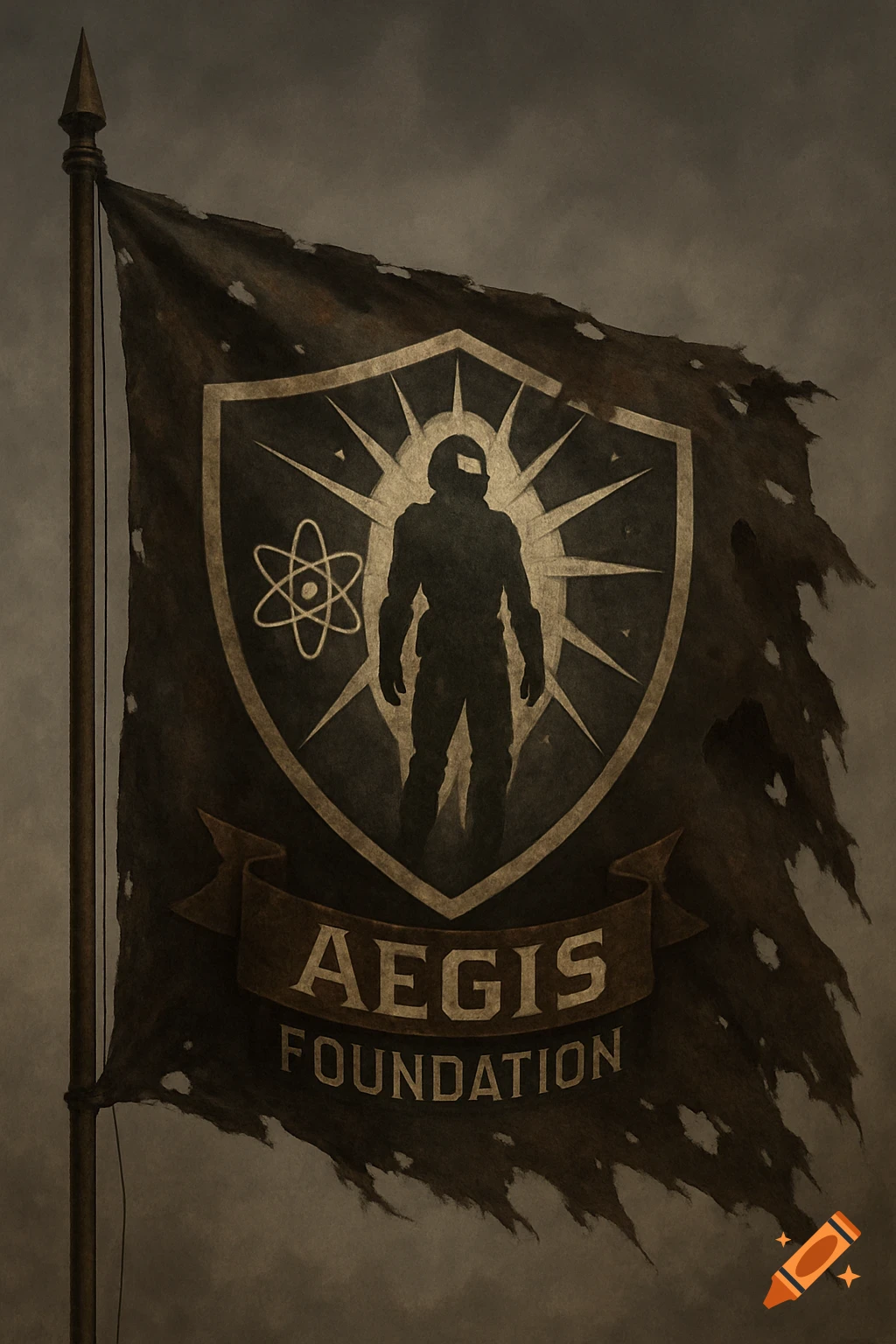A distressed post-apocalyptic flag with the Aegis Foundation symbol. on ...
