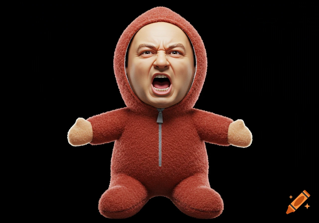 A plush toy with a realistic face shouting, wearing a red hooded onesie ...