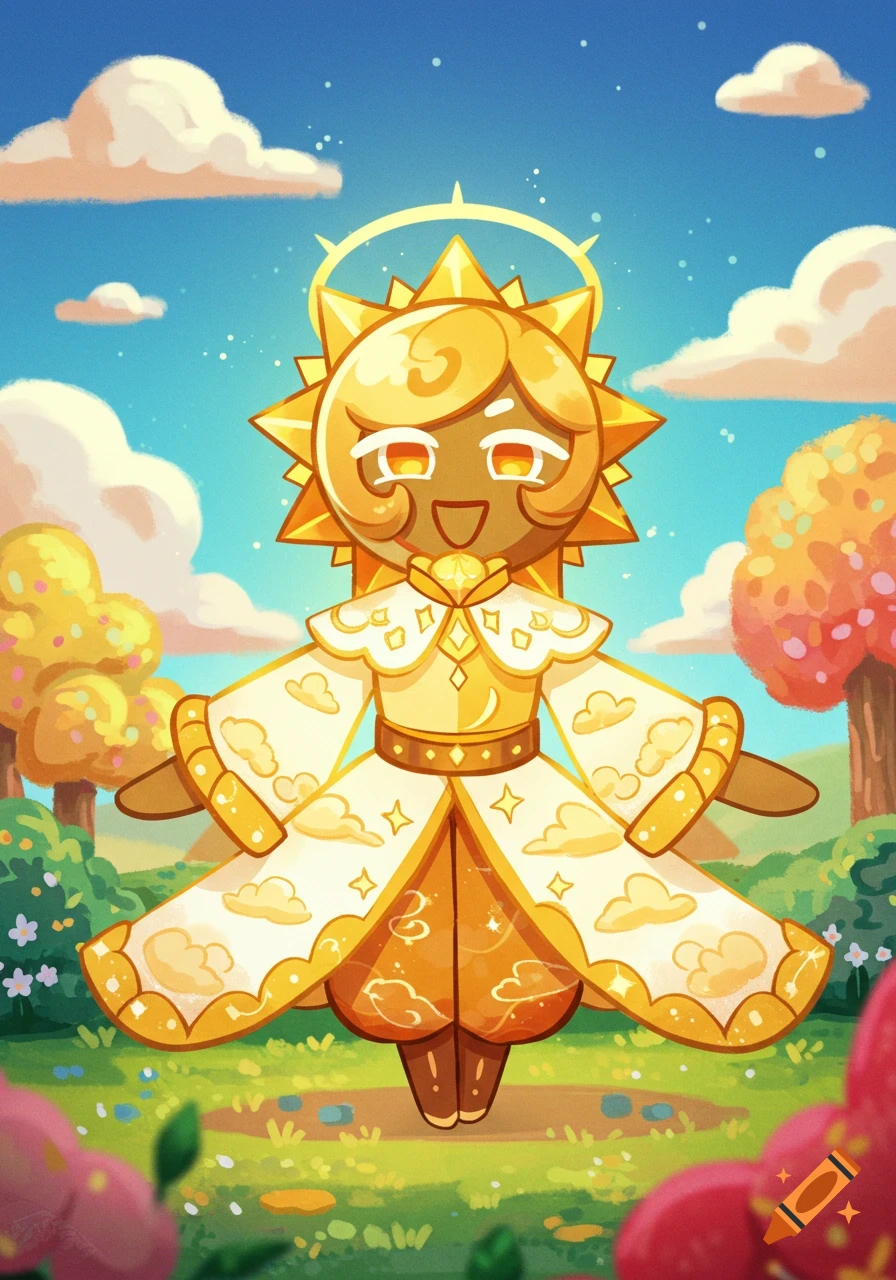 A smiling sun-themed cookie character in a white and gold robe stands ...
