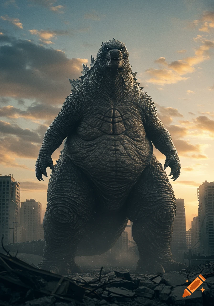 A large, fat Godzilla stands in a destroyed city under a dramatic sky ...