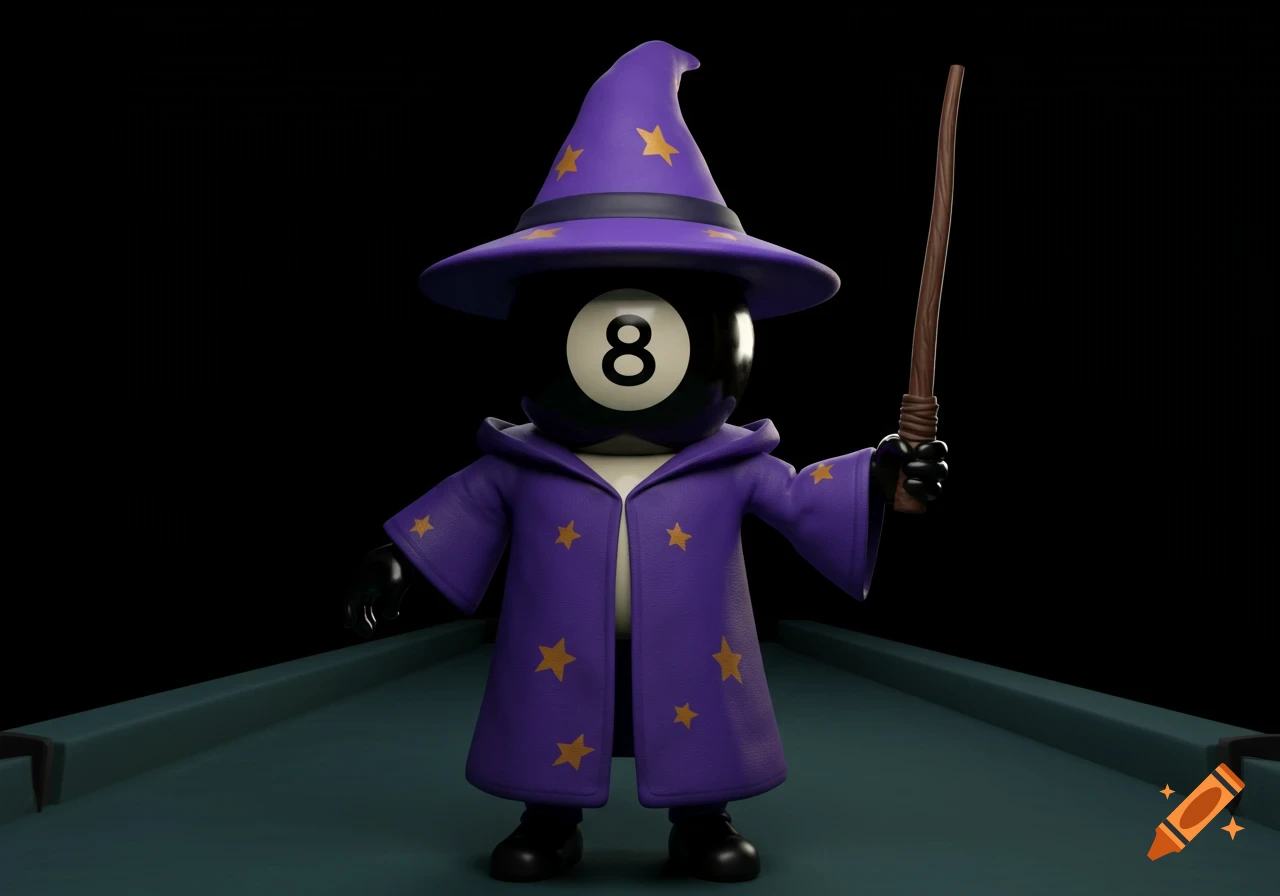 3D render of a black 8-ball character in a purple wizard robe and hat ...