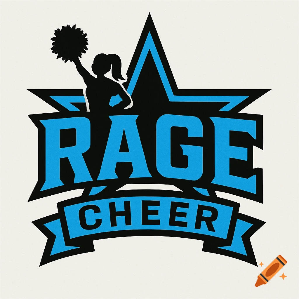 Black and blue logo for Rage Cheer with a cheerleader silhouette and ...