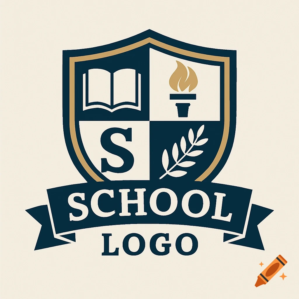 School logo shield with book, torch, S, leaves, and 'SCHOOL LOGO ...