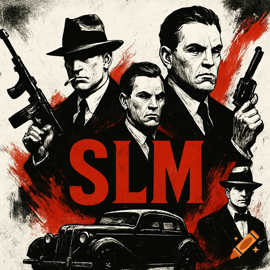 Stylized red, black, and white illustration of mafia figures with ...