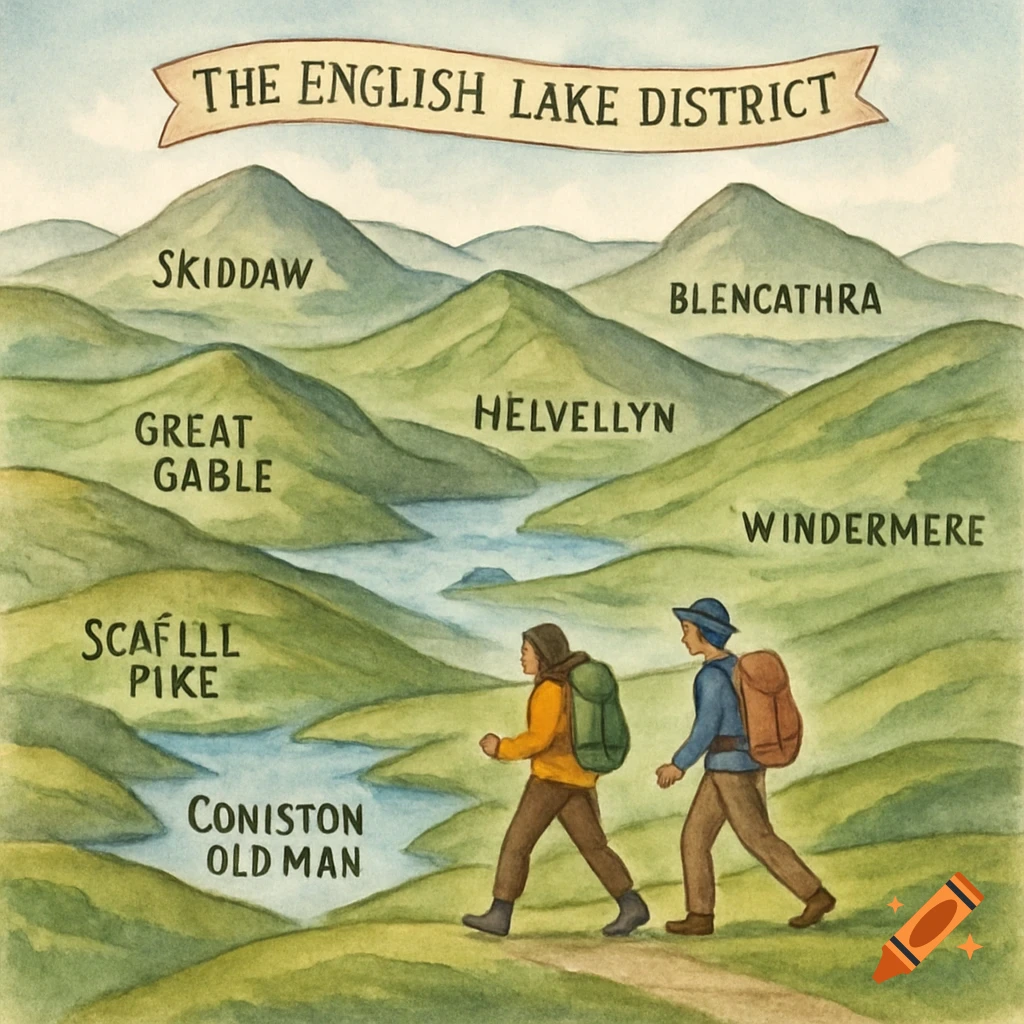 Hand-painted map of the English Lake District with labeled mountains ...