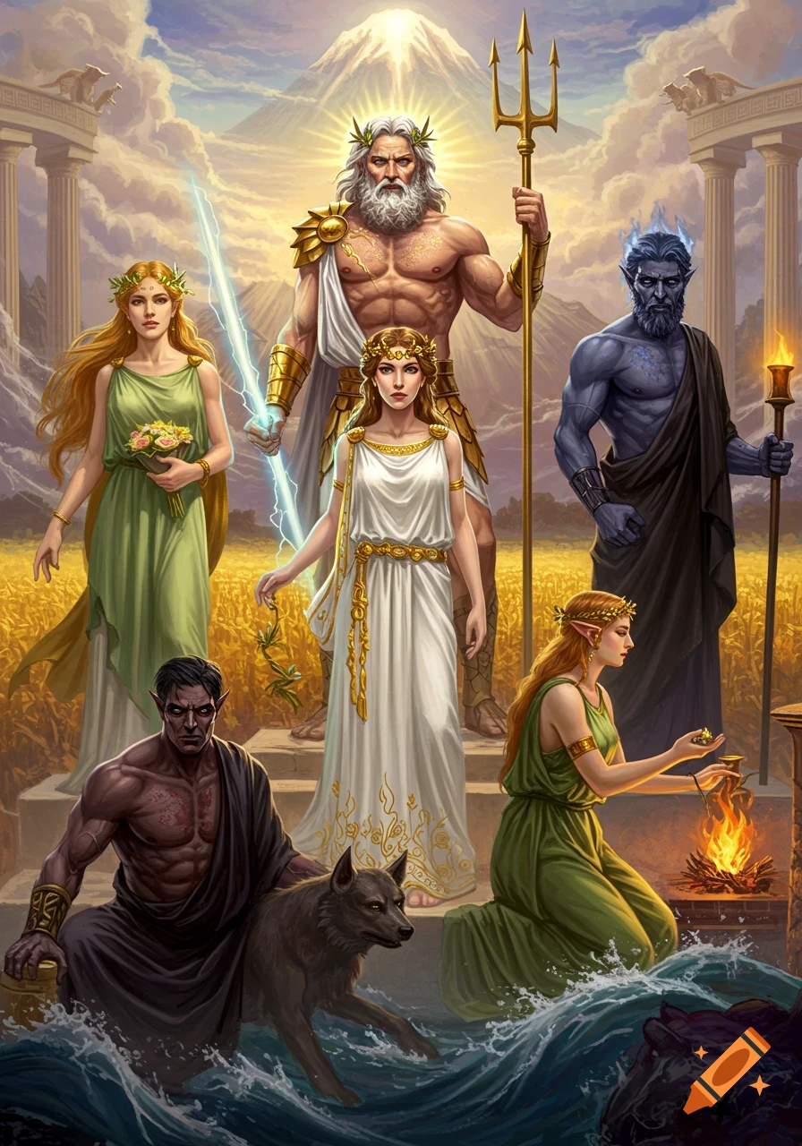 Epic illustration of Greek gods Zeus, Poseidon, Hades, Hera, Demeter ...