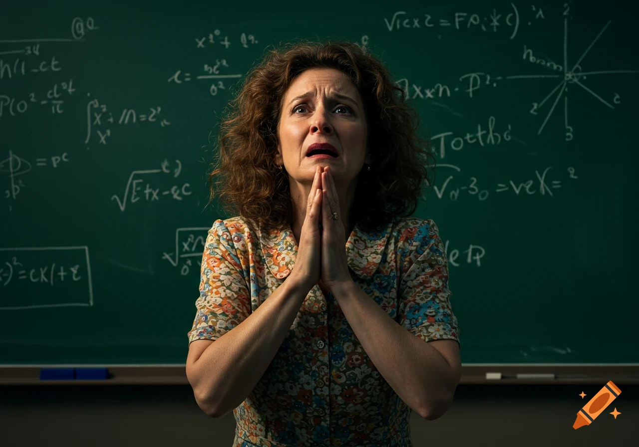 A frazzled teacher prays in front of a blackboard filled with ...