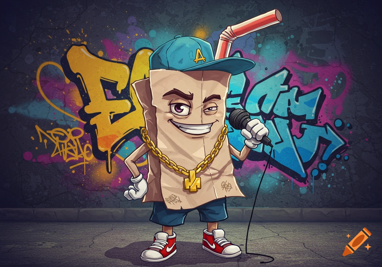 Cartoon paper straw wrapper dressed as a rapper with microphone and ...