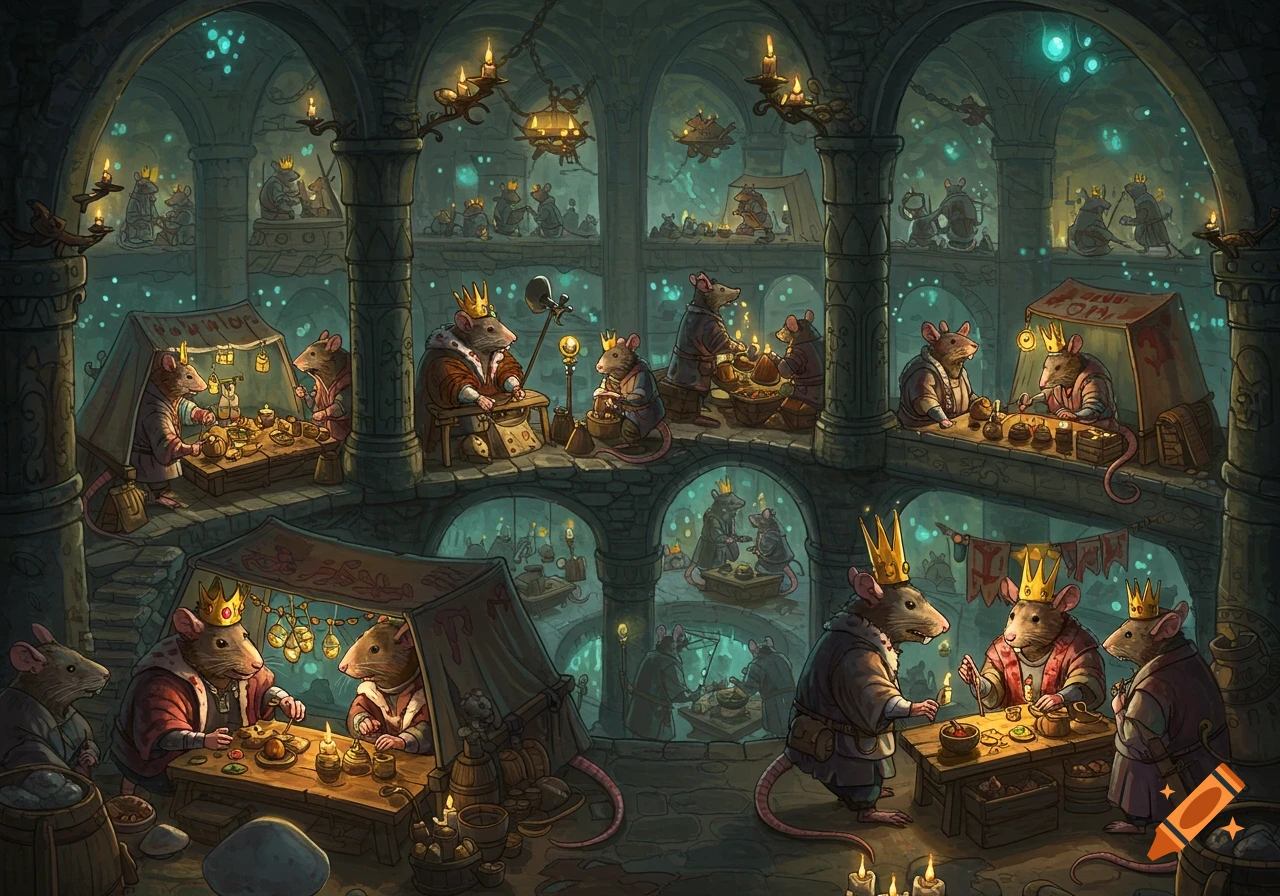 Illustration of a large fantasy rat king society gathered in a multi ...