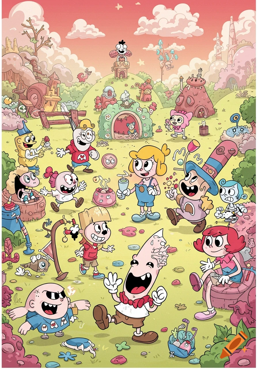 A busy, colorful cartoon scene with many whimsical characters ...
