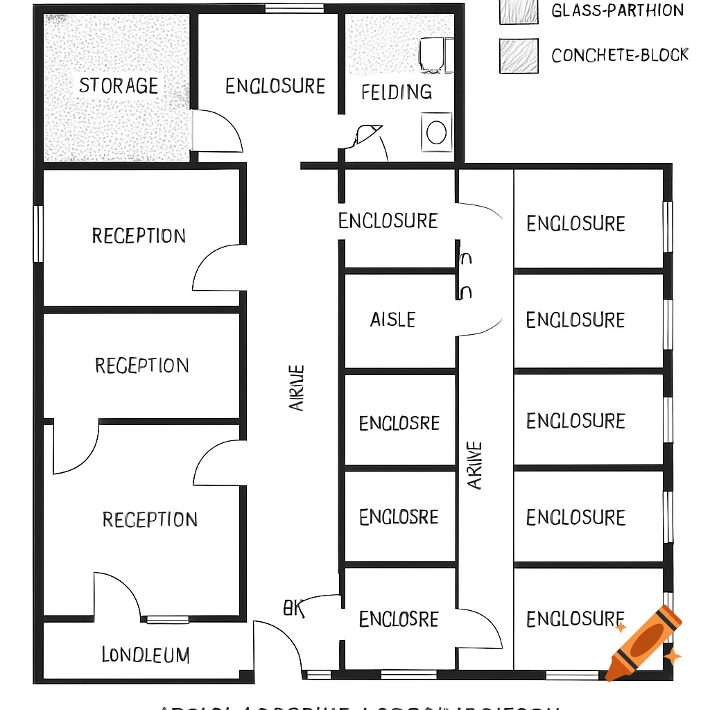 A black and white line drawing of a floor plan for an animal boarding ...