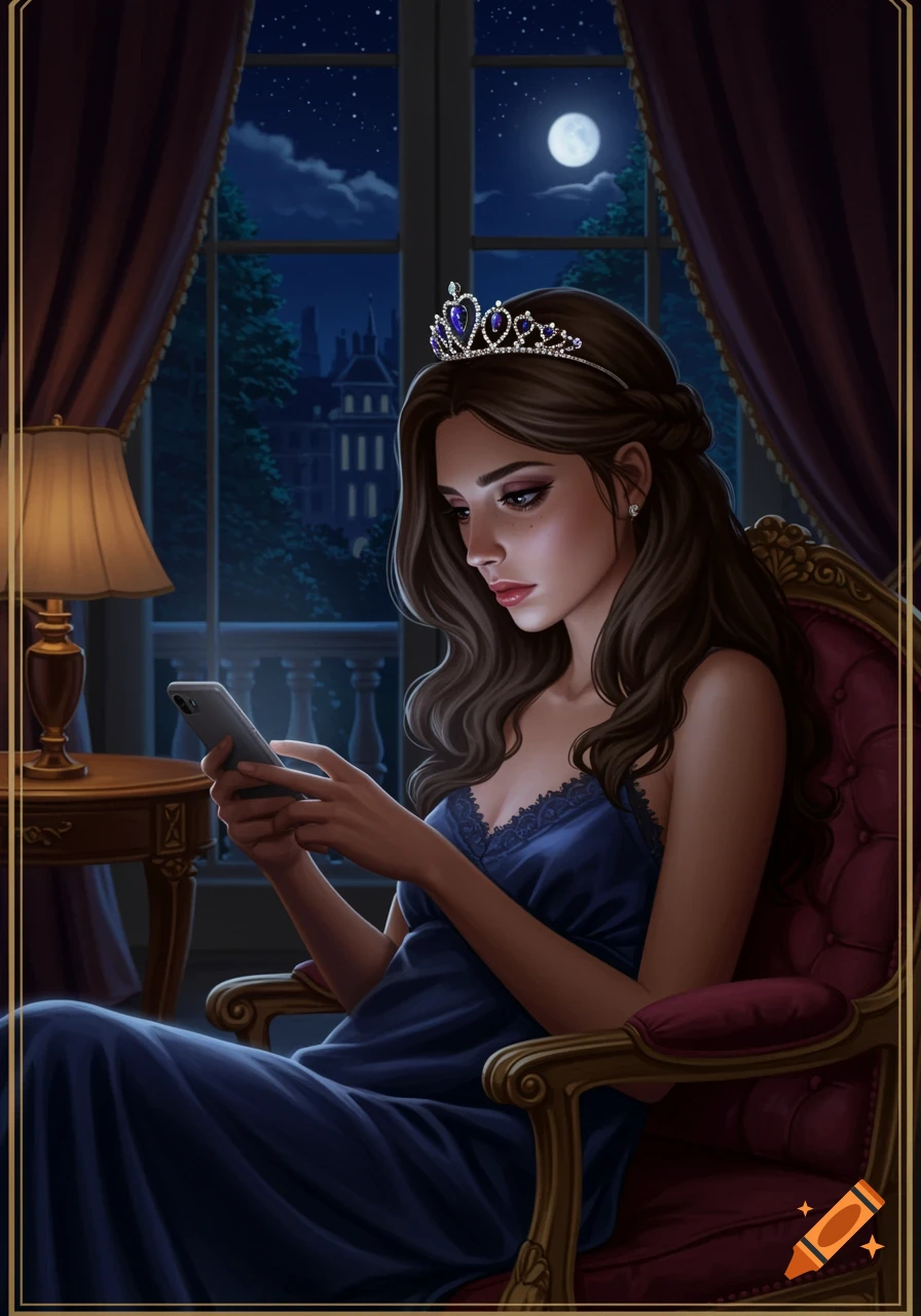 A princess sits by a window at night, scrolling on her phone, looking ...