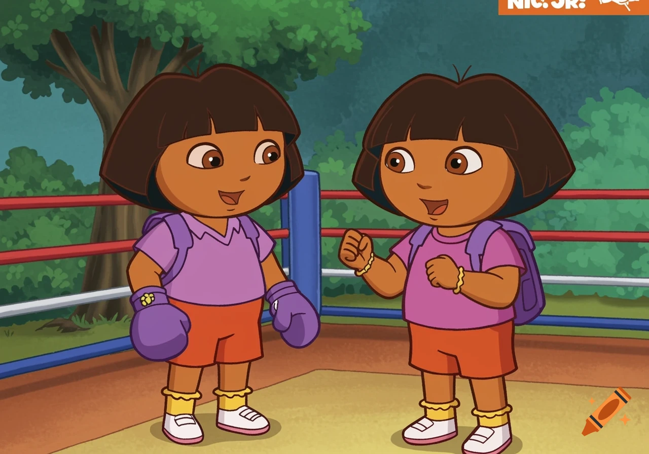 Two cartoon girls resembling Dora the Explorer in a boxing ring, one ...
