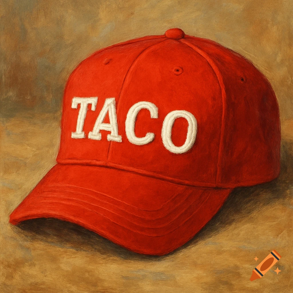 A red baseball cap with the word 'TACO' in white letters, in a painted ...