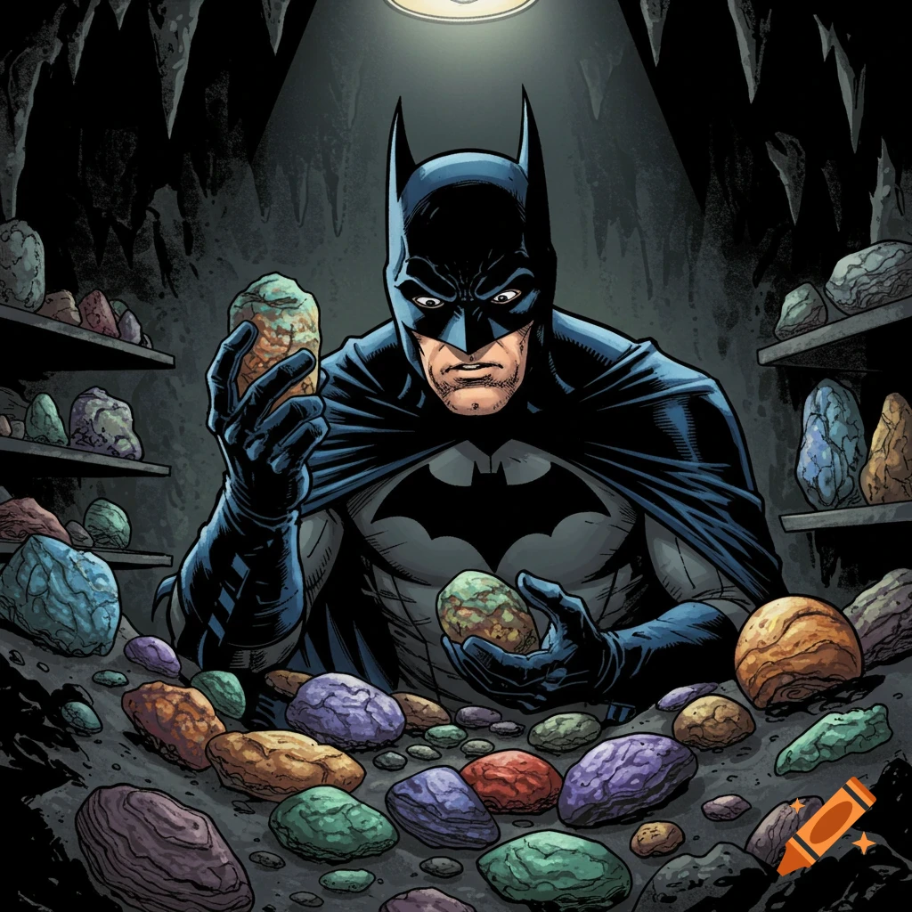 Comic book style illustration of Batman in a cave examining colorful ...