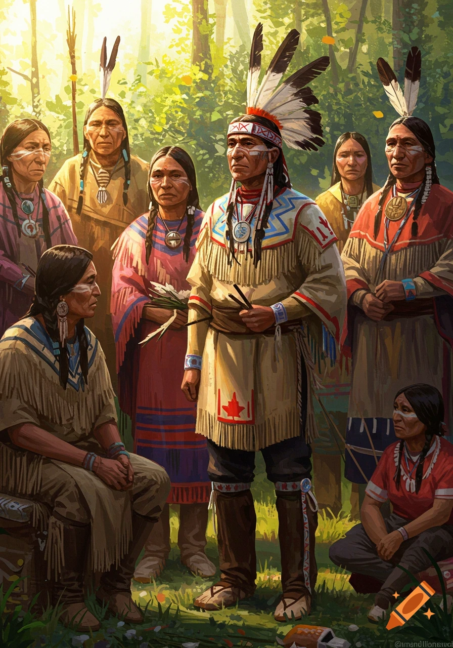 A painterly illustration of a group of First Nations people in ...