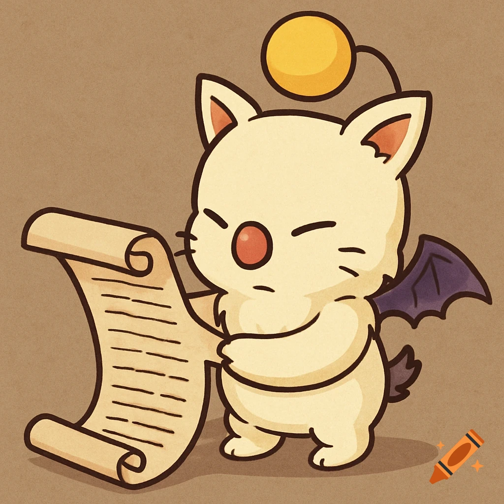 A cartoon Moogle character reads a long scroll. on Craiyon