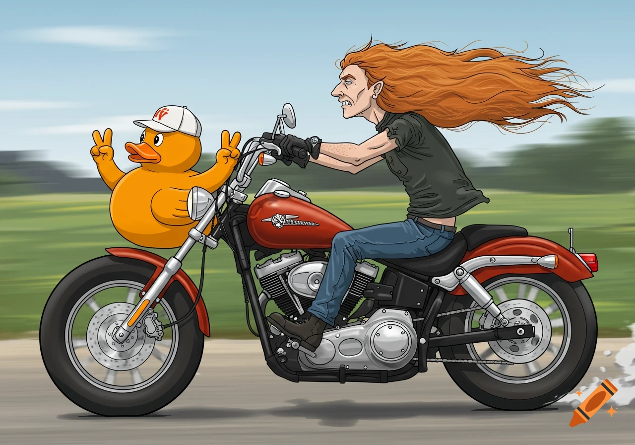 Cartoon of a redhead riding a motorcycle with a rubber ducky on the ...