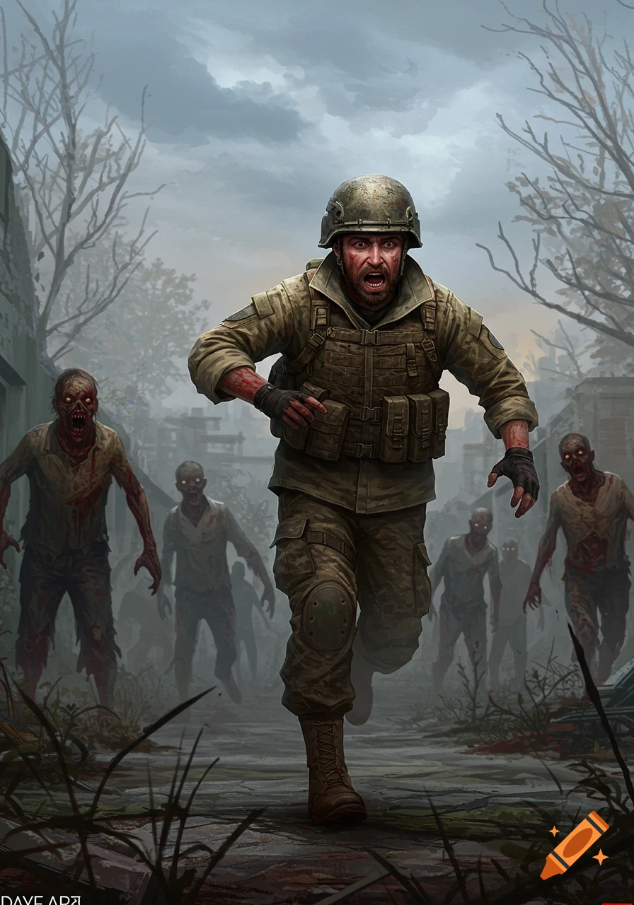A soldier in military gear runs in terror from a horde of zombies in a ...