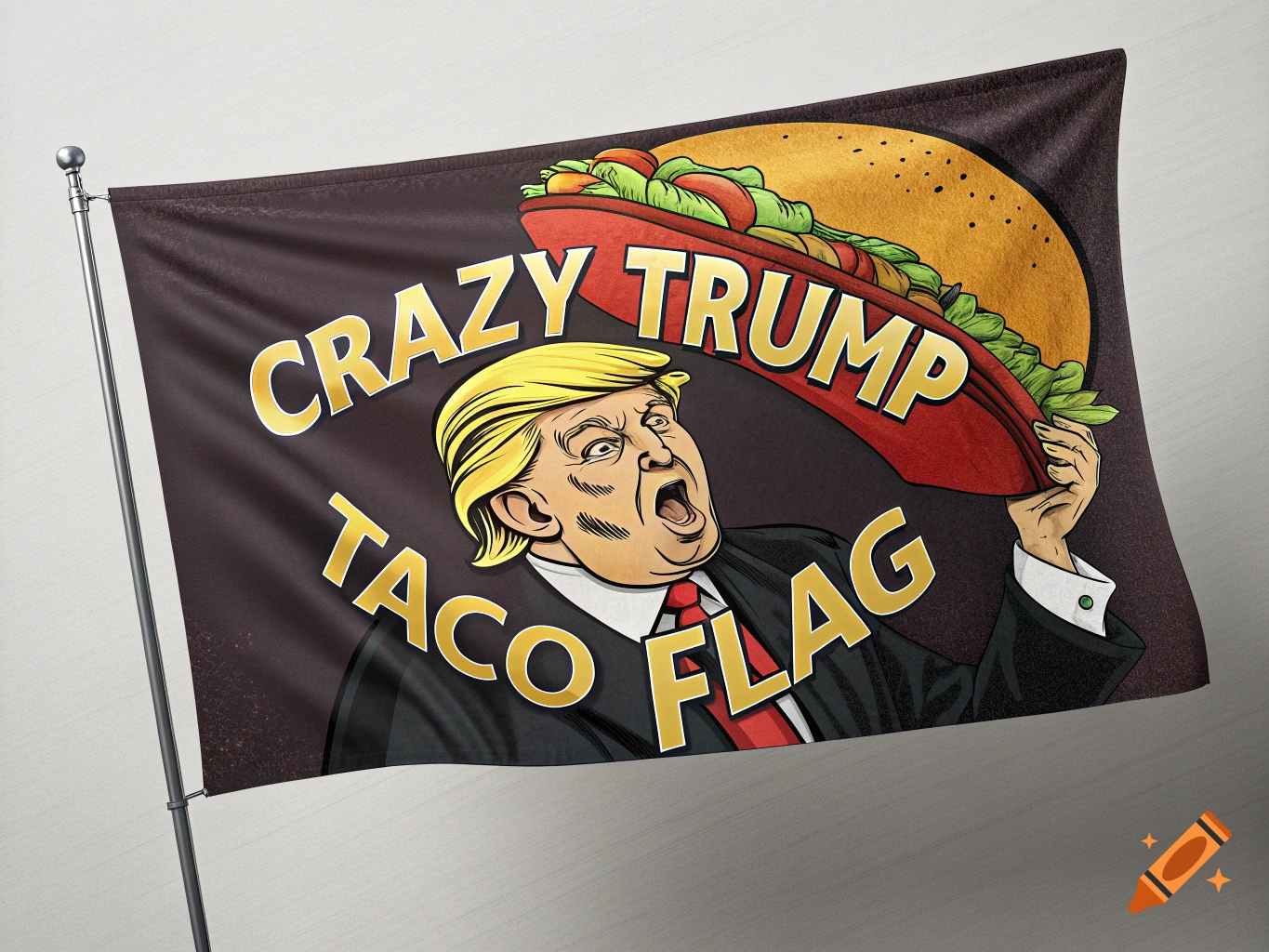 Cartoon flag showing Donald Trump holding a giant taco with text 'CRAZY ...