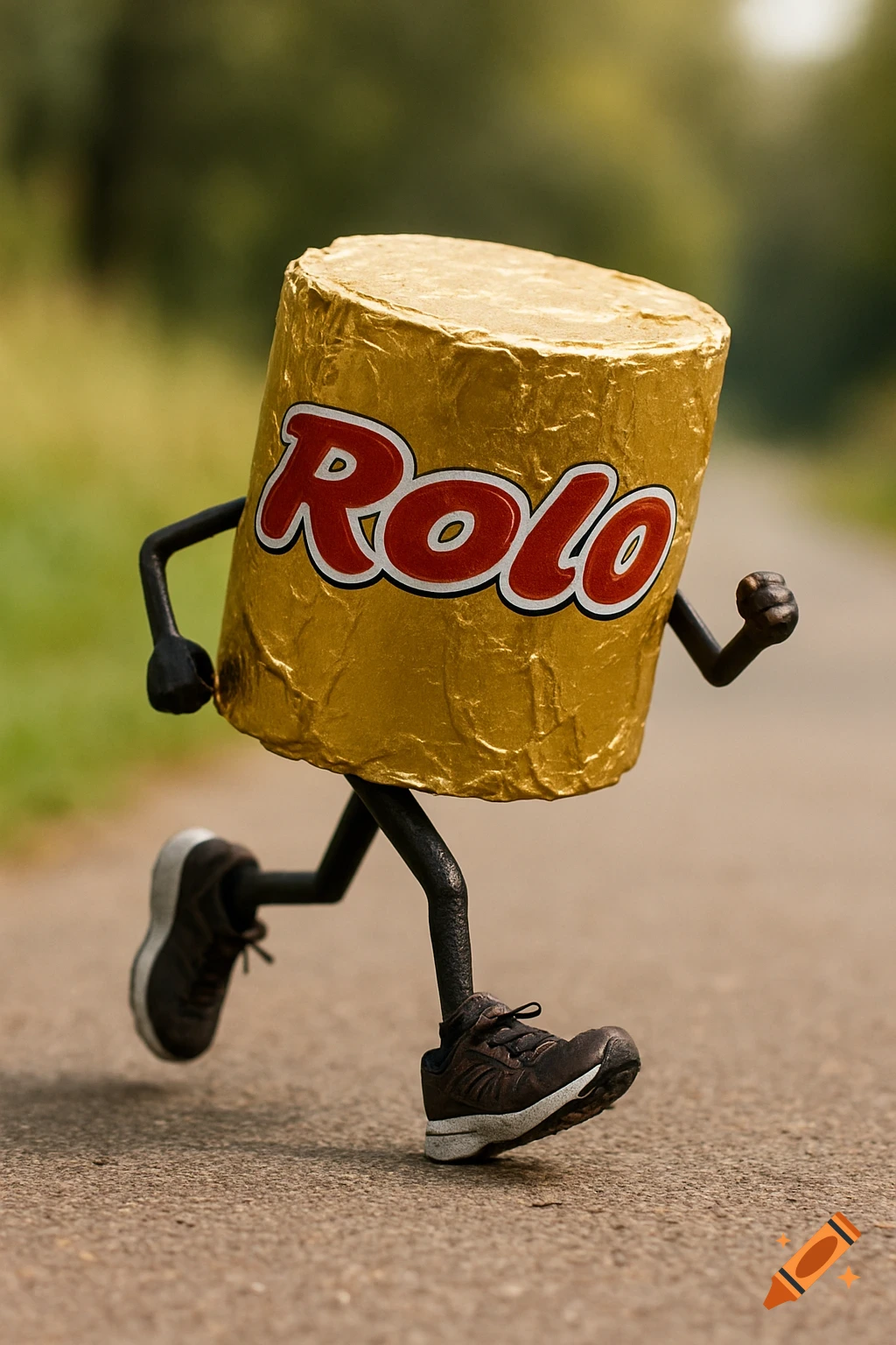 A Rolo candy wrapper with limbs and shoes runs on a road. on Craiyon
