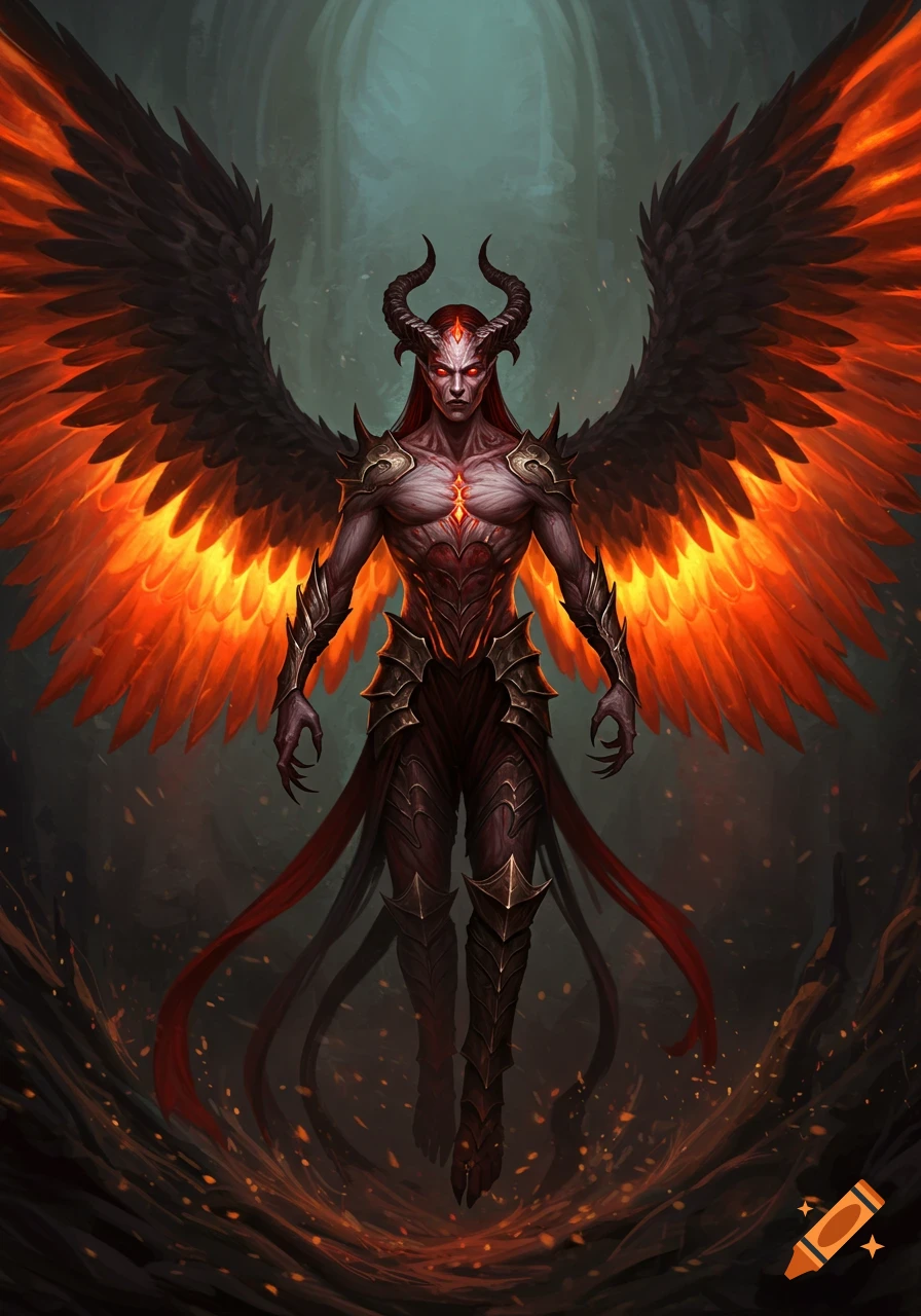 A demonic figure with black and fire wings stands in a dark fantasy ...