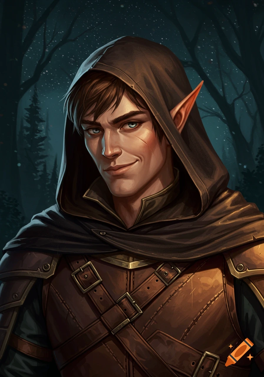 Portrait of a male elf in a hooded cloak and leather armor against a ...