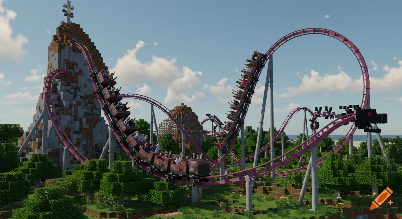 Minecraft-style roller coaster themed as an Ender Dragon in an amusement park. on Craiyon
