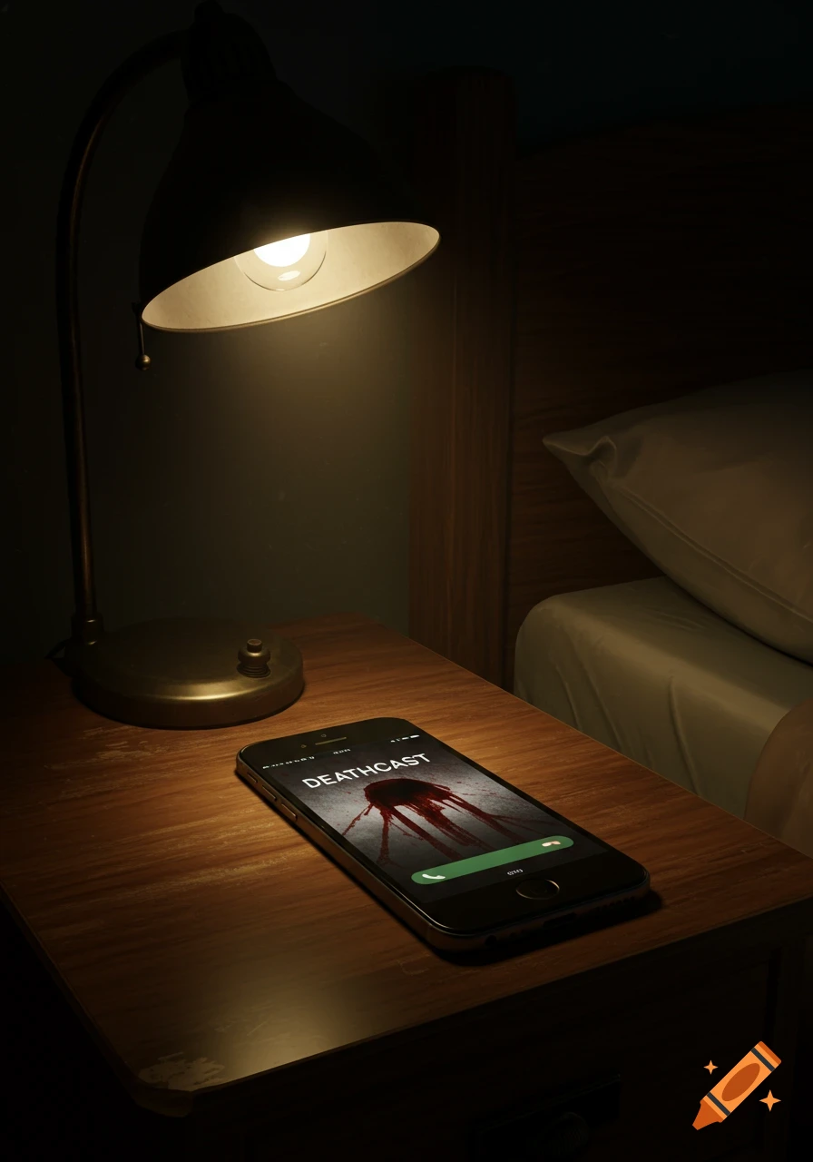 Phone on a bedside table showing a scary call screen with 'DEATHCAST ...