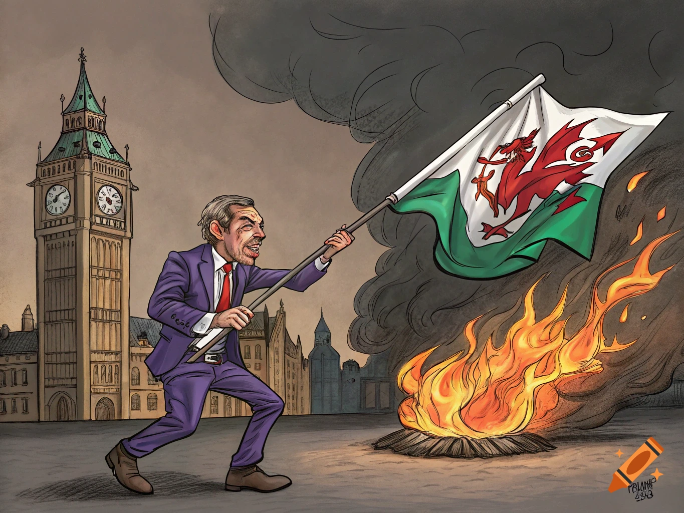 Cartoon of Nigel Farage setting the Welsh flag on fire outside ...