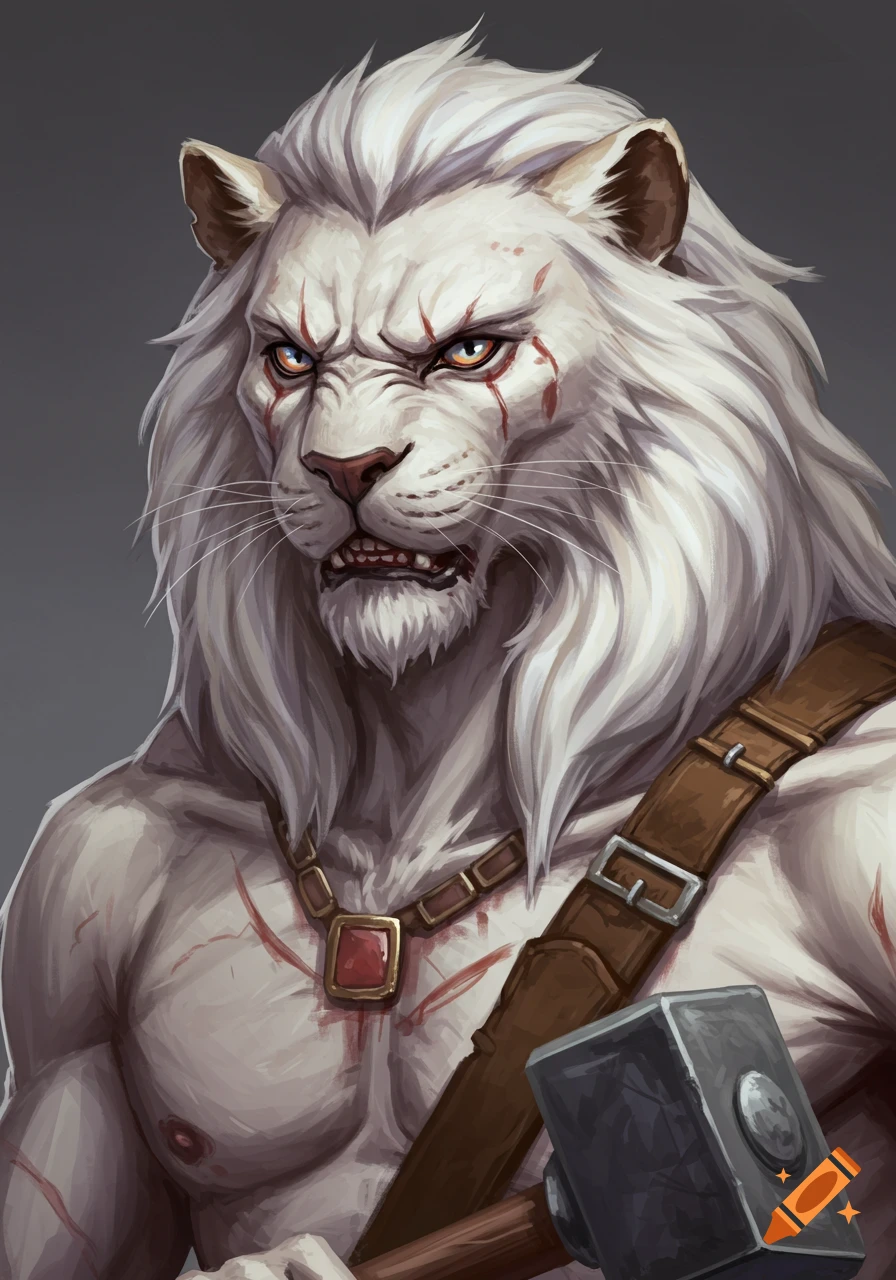 A detailed portrait of an angry white anthropomorphic lion character ...