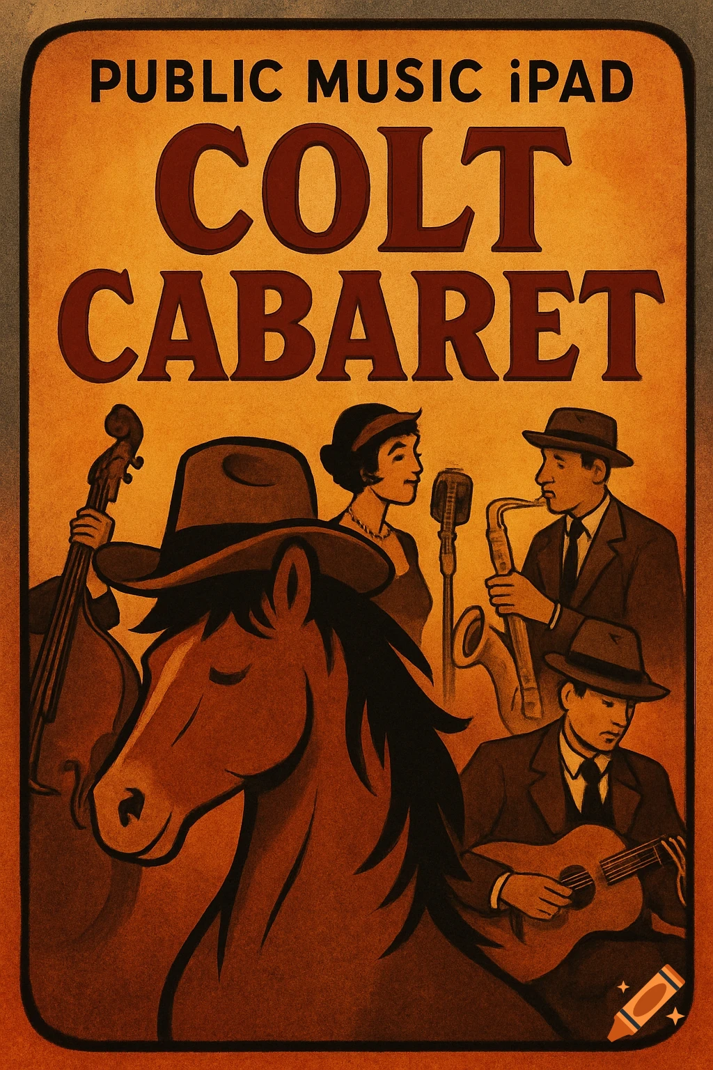 A vintage poster shows a horse and musicians playing instruments and ...