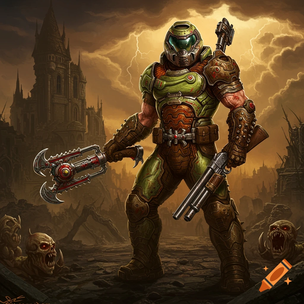 Doom Slayer stands in a dark, ruined landscape holding a double ...