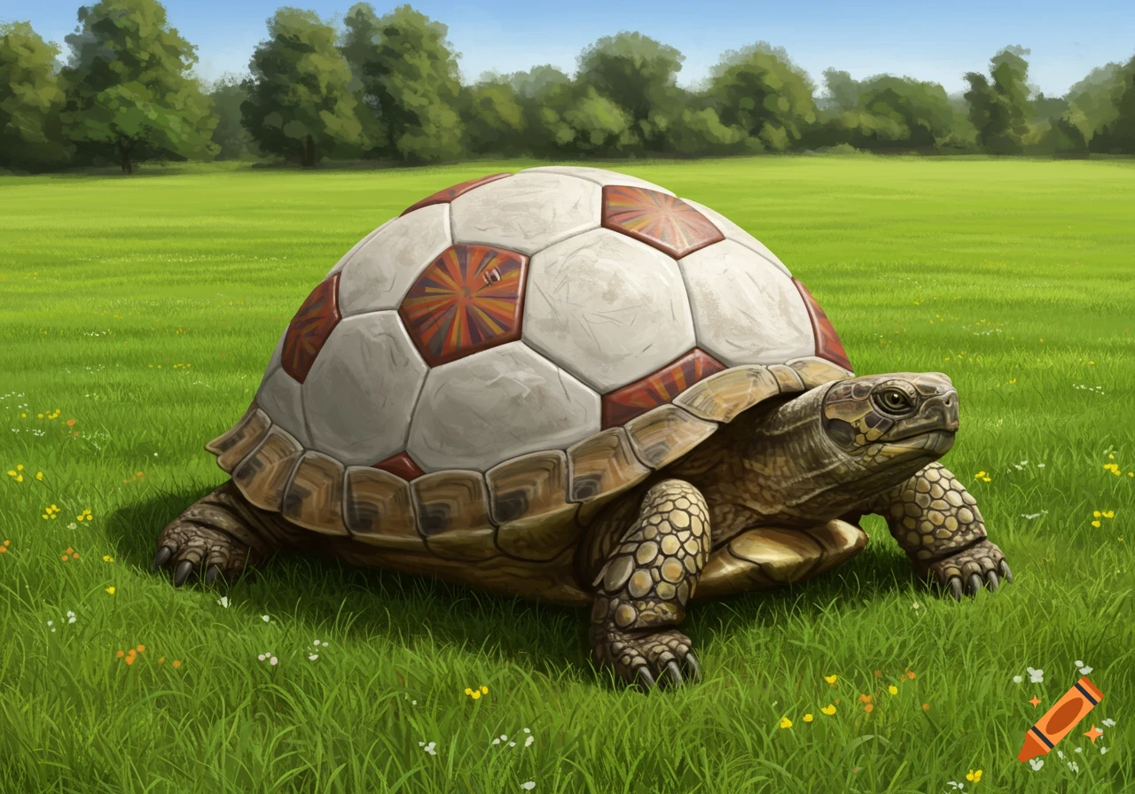 A turtle with a soccer ball for a shell stands in a grassy field. on ...